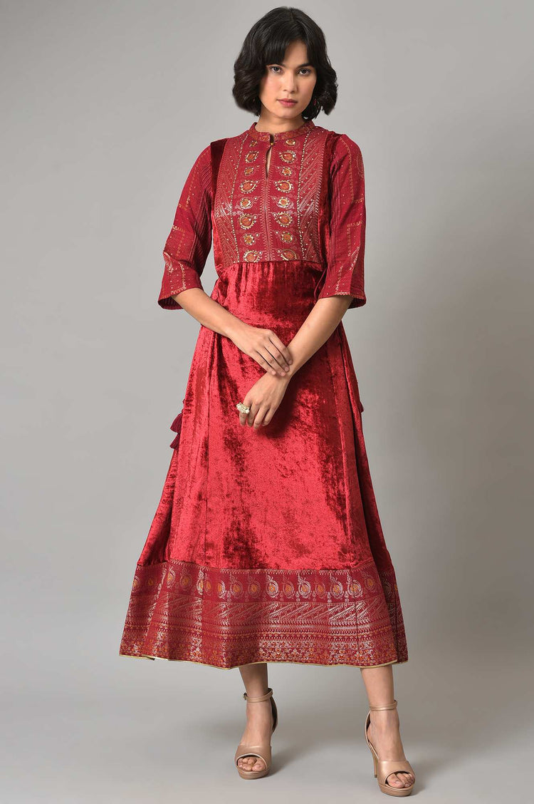 Dark Red Velvet Festive Dress With Sequin Work